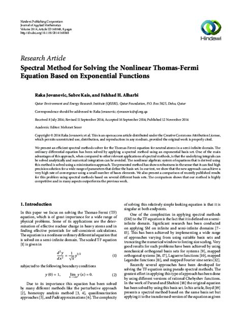 Pdf Spectral Method For Solving The Nonlinear Thomas Fermi Equation Based On Exponential Functions