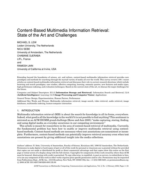 Pdf Content Based Multimedia Information Retrieval State Of The Art And Challenges