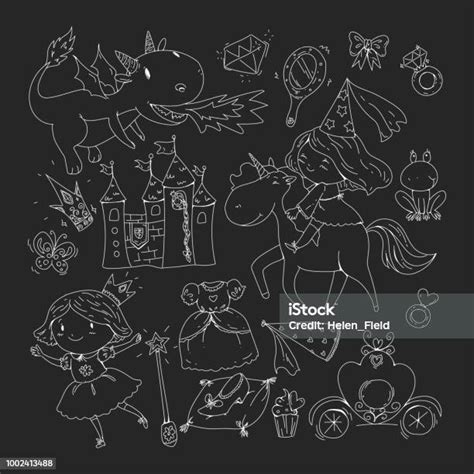 공주 벡터 패턴입니다 유니콘과 드래곤 귀여운 작은 공주 어린 소녀 드레스 마술 지팡이 대 한 성 왕관와 개구리 동화 아이콘입니다 판타지 일러스트 개구리에 대한 스톡 벡터