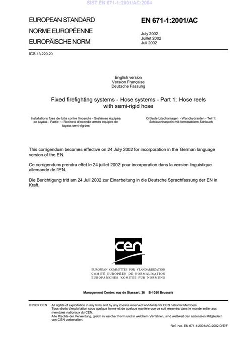 EN 671 1 2001 AC 2002 Fixed Firefighting Systems Hose Systems Part 1 Hose Reels With