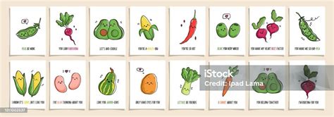 귀여운 채소와 재미있는 문구와 인사말 카드 Punny 채소의 세트 가와이이 채소와 말장난엽서 컬렉션 벡터 만화 일러스트레이션 채소에 대한 스톡 벡터 아트 및 기타 이미지