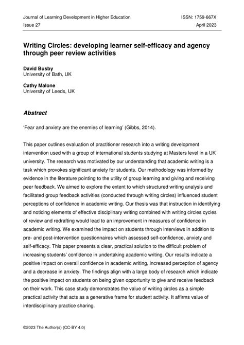 Pdf Writing Circles Developing Learner Self Efficacy And Agency