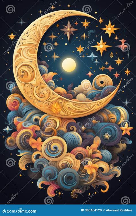 Illustration Of The Crescent Moon With Stars And Clouds On A Black Background Stock Illustration