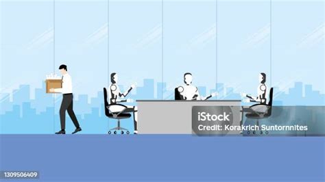 인공 지능 메커니즘 로봇의 미래 비즈니스 개념의 기술은 인간을 대체하고 회전합니다 사람없이 일하고 직원 남자를 해고 미래에