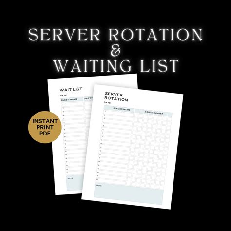 Server Rotation List Table Rotation Sheet Seating Rotation Wait List