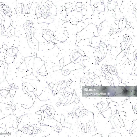 손 별자리 그리기 완벽 한 패턴 모든 조디악 별자리 스타일 라인에 로그인 하 고 끝 없는 배경에 별 별이 빛나는 조디악 기호의 낙서 배경 검은색에 대한 스톡 벡터 아트 및