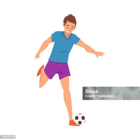 축구 선수 에서 스포츠 유니폼 발로 공 전면 보기 액션 벡터 일러스트레이트에서 프로 선수 캐릭터 남자에 대한 스톡 벡터 아트 및