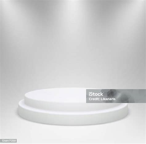 스튜디오 조명에서 현실적인 흰색 라운드 연단 회색 배경에 제품 쇼케이스를위한 3d 받침대 또는 플랫폼 야구 플레이트에 대한 스톡