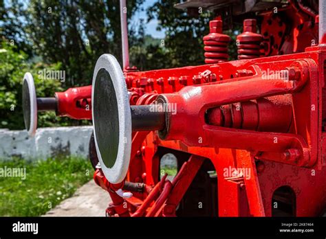 Pneumatic Model Of A Buffer And Hook System Used On The Railway With Shock Absorbing Pads Stock