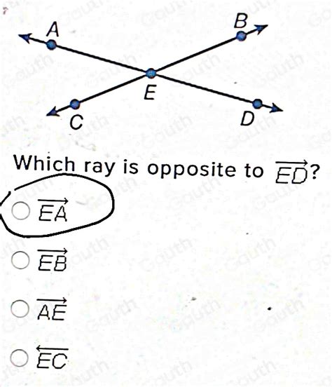 Solved: Which ray is opposite to vector ED ? vector EA vector EB vector AE overleftarrow EC [Math]
