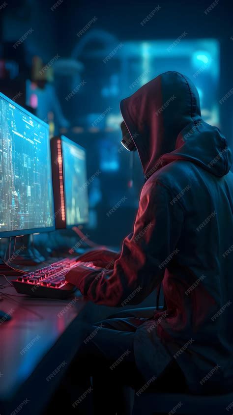 Hooded Hacker Using Computer In Dark Room Cybercrime Concept Ai Generated Image