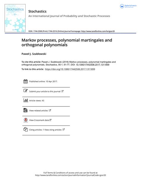Pdf Markov Processes Polynomial Martingales And Orthogonal Polynomials