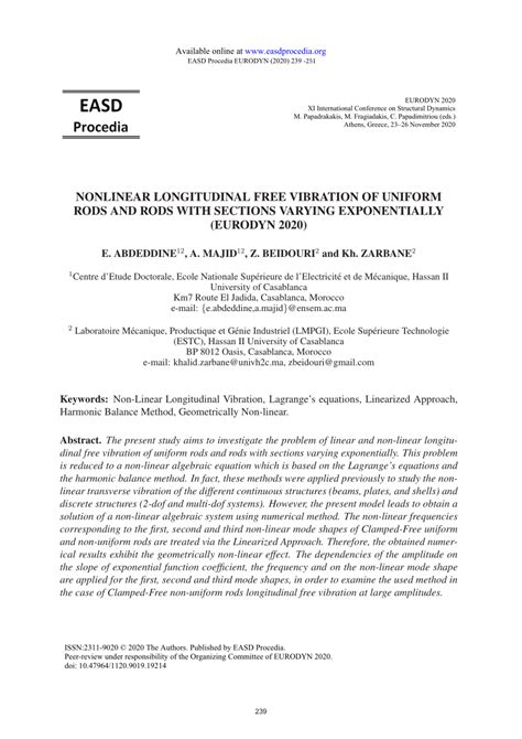 Pdf Nonlinear Longitudinal Free Vibration Of Uniform Rods And Rods With Sections Varying