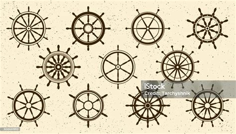 그런지 빈티지 스티어링 휠 컬렉션 배 요트 복고풍 바퀴 기호 해상 방향타 아이콘입니다 해양 디자인 요소 벡터 그림 골동품에 대한 스톡 벡터 아트 및 기타 이미지 Istock