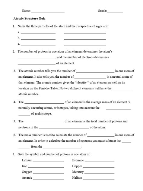 Quiz 3 Atomic Structure Quiz Pdf Chemical Elements Atoms