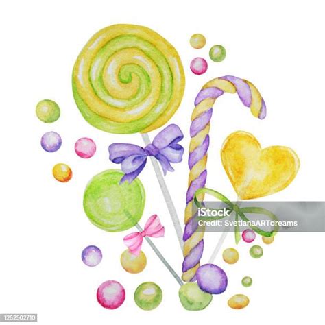 밝은 색상 사탕 세트 흰색 배경에 롤리팝 밝은 색상 수채화 손으로 그린 사탕 메뉴 디자인 카드 포스터 배너 초대장 그림 가지 식물 부위에 대한 스톡 벡터 아트 및 기타