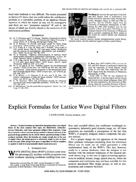 40 Explicit Formulas For Lattice Wave Digital Filters Pdf Telecommunications Engineering