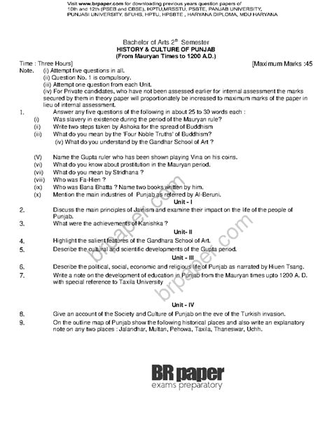 HCP Nd May Question Paper Bachelor Of Arts Th Semester HISTORY CULTURE OF PUNJAB