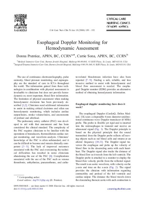 Pdf Esophageal Doppler Monitoring For Hemodynamic Assessment