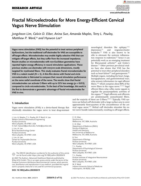 Pdf Fractal Microelectrodes For More Energy‐efficient Cervical Vagus