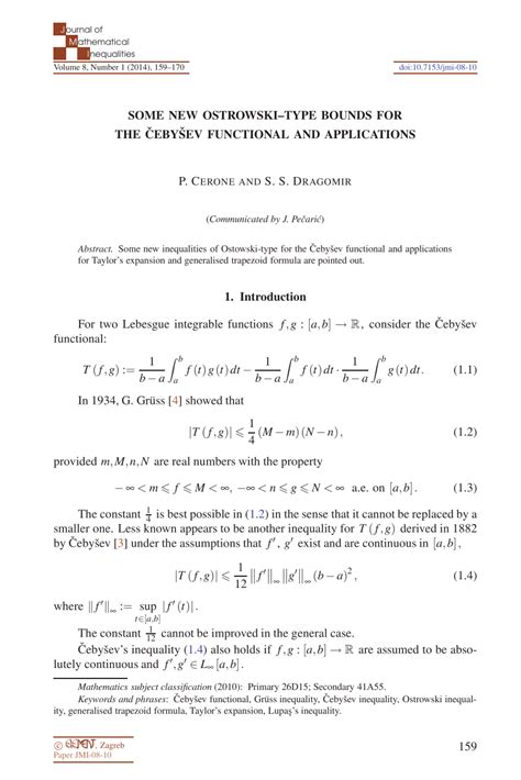 Pdf Some New Ostrowski Type Bounds For The Čebyšev Functional And Applications