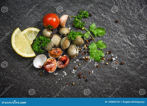 Shellfish Seafood Cockles Fresh Raw Ocean Gourmet Dinner With Herbs And