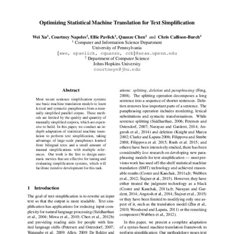 Optimizing Statistical Machine Translation For Text Simplification Acl Anthology