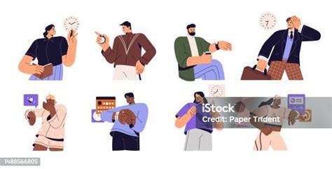 시간 관리 시간표 개념 구성 시계 타이머를 가진 생산적인 사람들 계획 작업 마감일 비즈니스 및 휴식 조직 흰색 배경에 분리된 평면 벡터 삽화 개념에 대한 스톡 벡터 아트 및