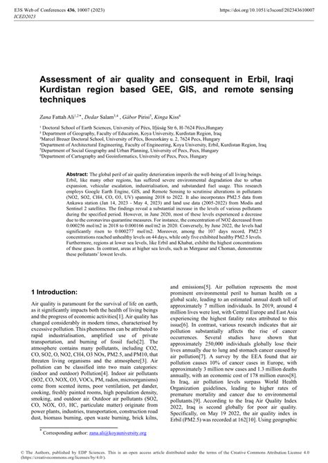 Pdf Assessment Of Air Quality And Consequent In Erbil Iraqi