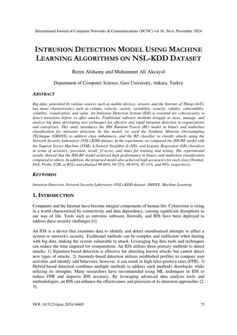 Pdf Intrusion Detection Model Using Machine Learning Algorithms On Nsl Kdd Dataset