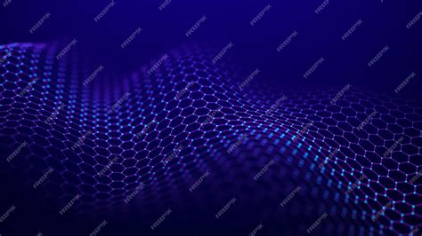 파란색 배경에 육각 격자의 미래 보라색 물결 빅 데이터 네트워크 연결 사이버네틱스 및 인공 지능 3d 렌더링의 개념 프리미엄 사진