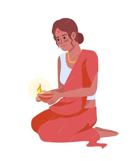 디왈리 세미 플랫 컬러 벡터 캐릭터에 오일 램프를 든 젊은 여성 프리미엄 벡터