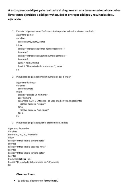 Asignacion Ejercicios Python A estos pseudocódigos ya le realizaste el diagrama en una tarea