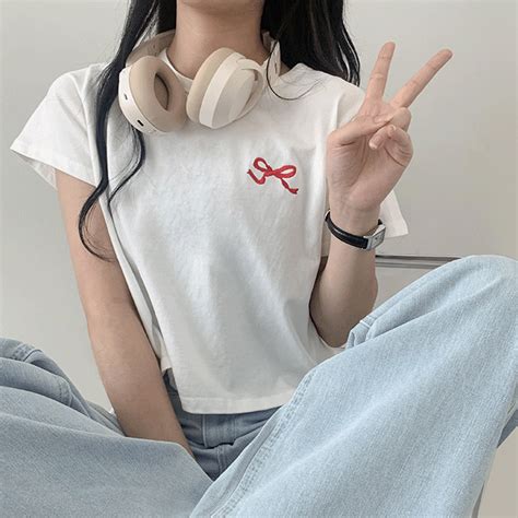 [24ss 발레코어 국내제작] 수디 리본 자수 세미 크롭 반팔티 4color 에이블리