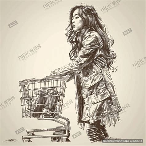 Ai创作图手绘购物女孩 美女推购物车 长发女行人 马年购物 女人坐车线稿 购物节手绘 沉思一人购物 长发飘逸的女行人 购物女孩插画 Shopping女孩 写实人物插画 百姓购物 手绘现代女性