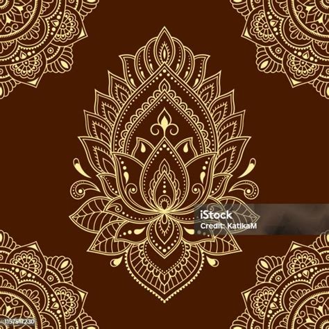 민족 동양 스타일의 원활한 장식 장식 헤나 멘디 문신 장식만다라와 연꽃 형태의 원형 패턴 낙서 윤곽선 손 그리기 벡터 그림입니다 0명에 대한 스톡 벡터 아트 및 기타 이미지