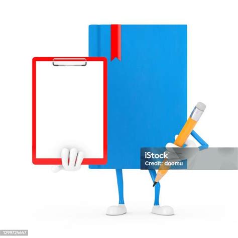 빨간 플라스틱 클립 보드 종이와 연필블루 북 캐릭터 마스코트 3d 렌더링 개념에 대한 스톡 사진 및 기타 이미지 개념 교과서 교육 Istock