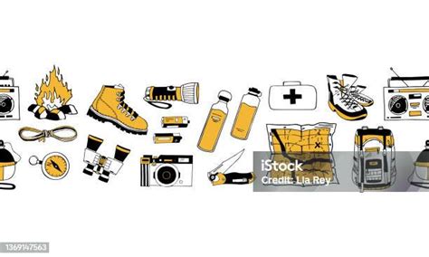 검은색 흰색 및 노란색 색상의 수평 원활한 테두리 격리 된 벡터 요소의 끝없는 패턴 캠핑 장비 포지티브 프레임 디자인 부츠 카메라 나침반 지도 배낭 캠프 파이어 소풍 음식에