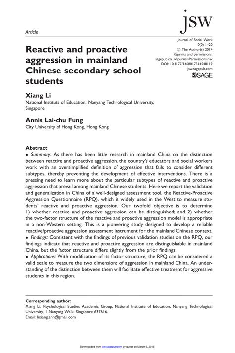 Pdf Reactive And Proactive Aggression In Mainland Chinese Secondary