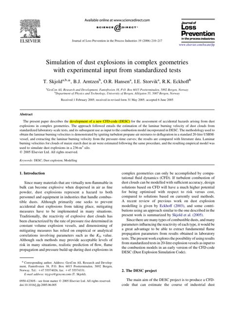 skjold et al 2006 simulation of dust explosions in complex