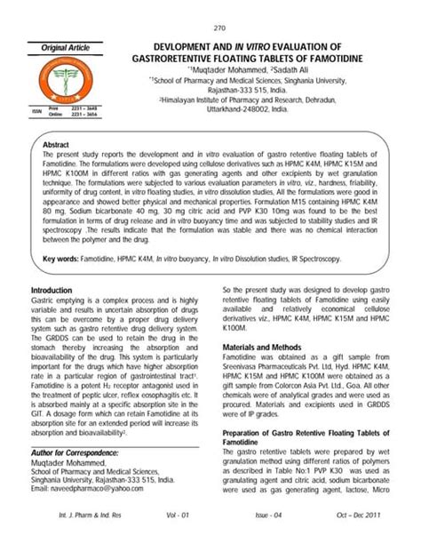 Devlopment And In Vitro Evaluation Of Gastroretentive Floating Tablets Of Famotidine Pdf