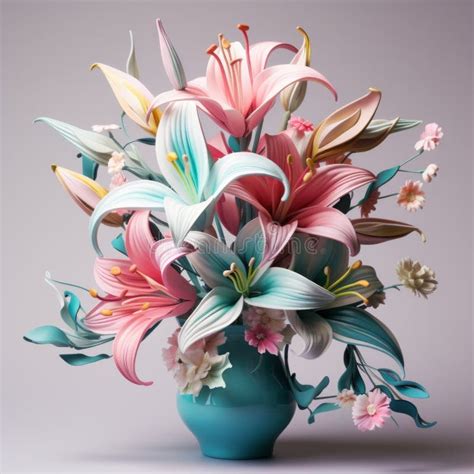 Colorful 3d Lily Bouquet In Teal And Pink Vase Stock Illustration
