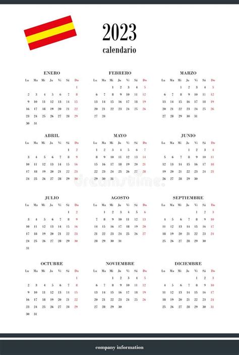 Spanish Calendar For 2023 12 Months On One Page Weekend Start From