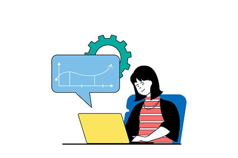 플랫 웹 디자인에서 사람들 장면을 가진 디지털 비즈니스 개념 통계를 조사하고 브레인스토밍하고 마케팅 도구를 사용하는 여성 소셜