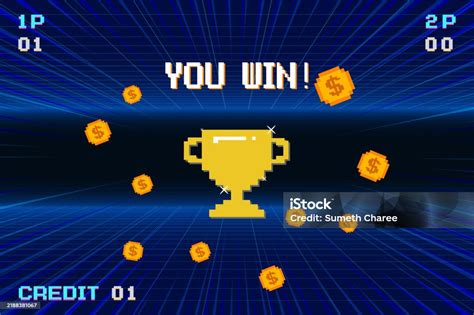 진한 파란색 배경에 You Win이라는 텍스트와 큰 황금 컵과 금화가 있는 8비트 픽셀 아트 레트로 게임 벡터 일러스트레이션의 게임 자산용 개념에 대한 스톡 벡터 아트 및