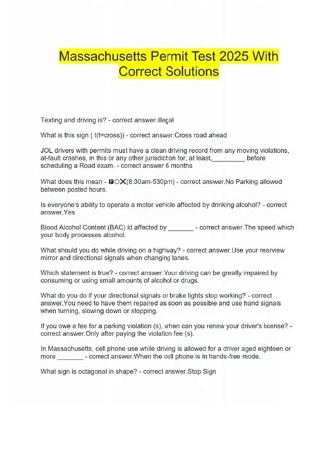Massachusetts Permit Test 2025 With Correct Solutions Massachusetts Permit Stuvia Us
