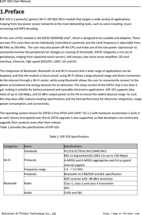 ai thinker technology esp32s wi fi and bluetooth module user manual esp 32s