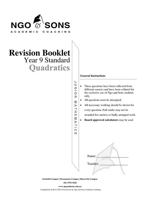 0 Year 9 Quadratics Summary Booklet Standard Name