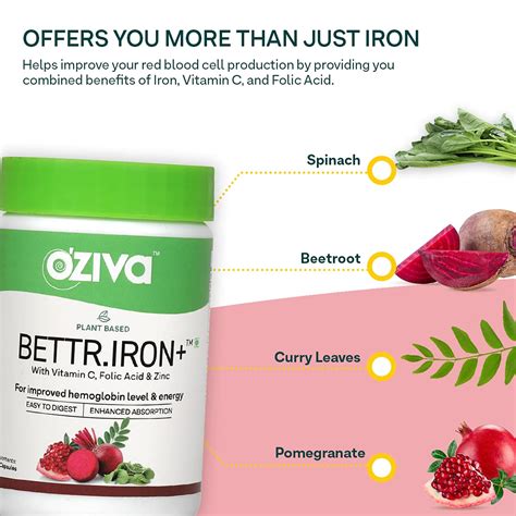 Buy Oziva Bettr Iron Plant Based Iron Vitamin C Folic Acid Zinc Moringa For Improved