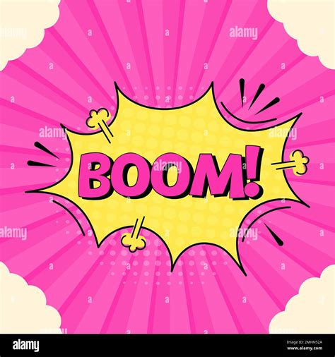 Comic speech bubble with expression text boom. Vector bright dynamic cartoon illustration in ...